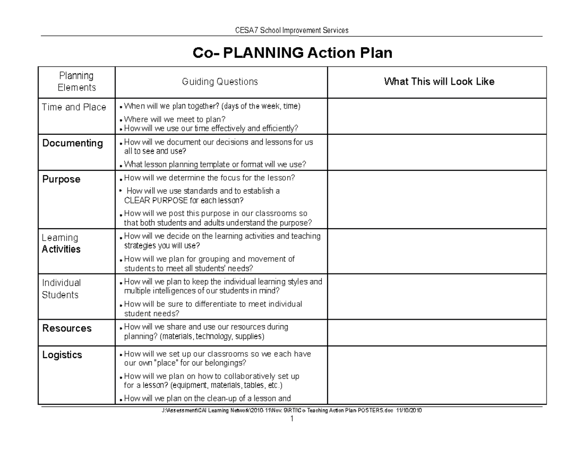 Co-Teaching Workbook Action Plan 0001 - Co- PLANNING Action Plan ...