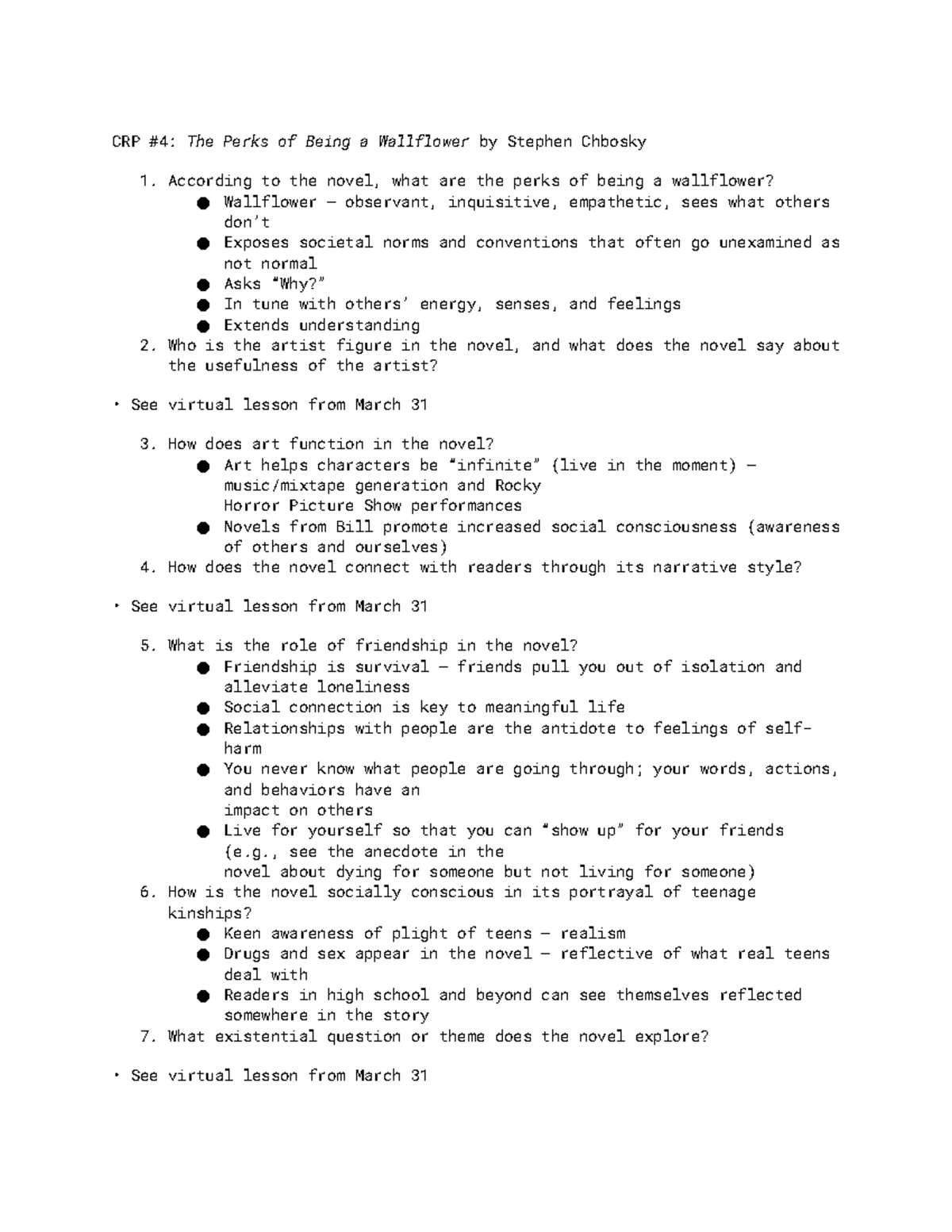 CRP Notes - CRP #4: The Perks of Being a Wallflower by Stephen Chbosky ...