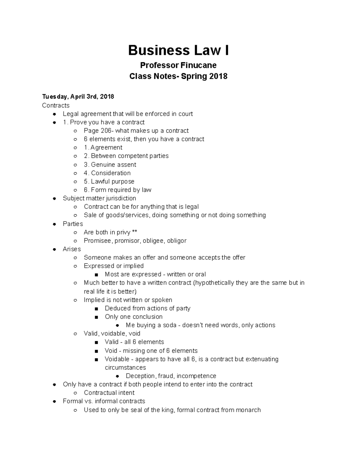 Business Law Class Notes for Final - Business Law I Professor Finucane ...