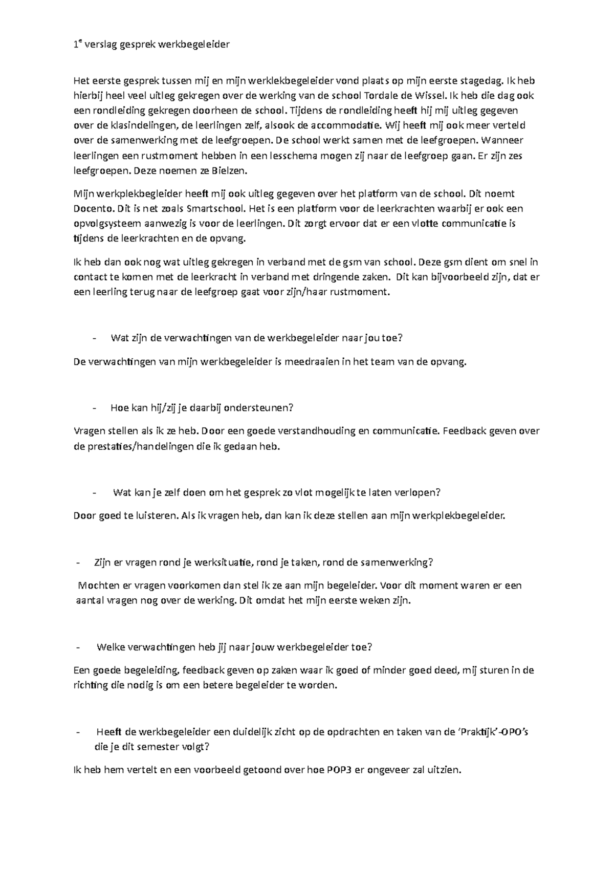 1e stagegesprek werkbegeleider - 1 e verslag gesprek werkbegeleider Het ...