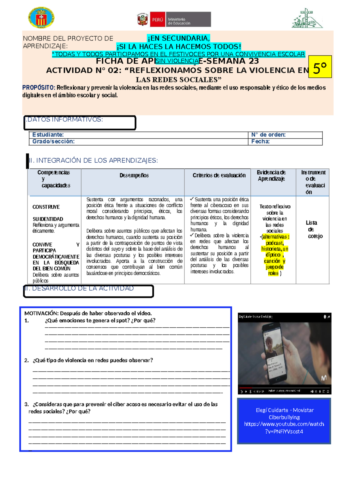 Semana 23- 5° Ficha DE Aprendizaje N°02-IM -DPCC-2024 - Estudiante: N° de orden: Grado/sección ...