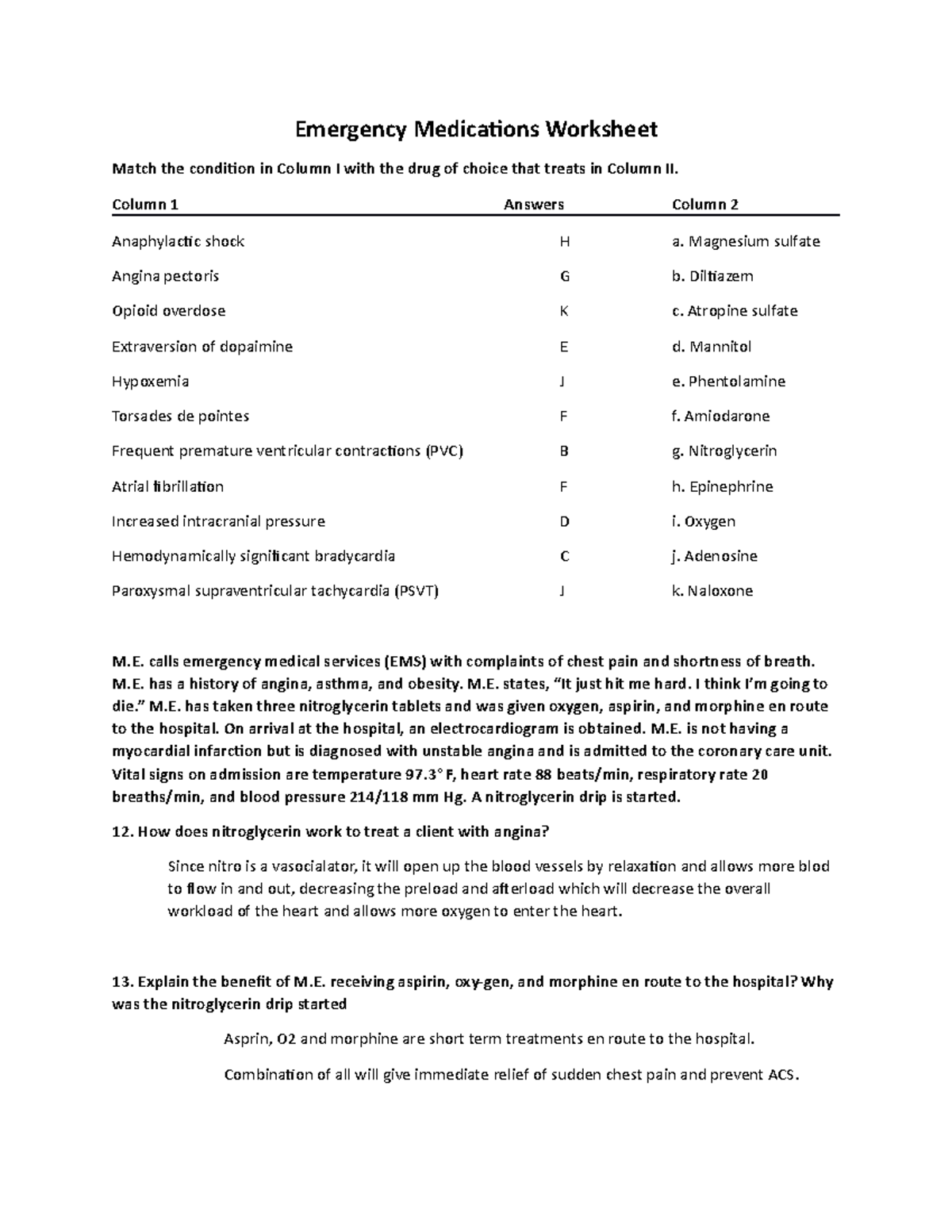 Emergency Medications Worksheet - Column 1 Answers Column 2 ...