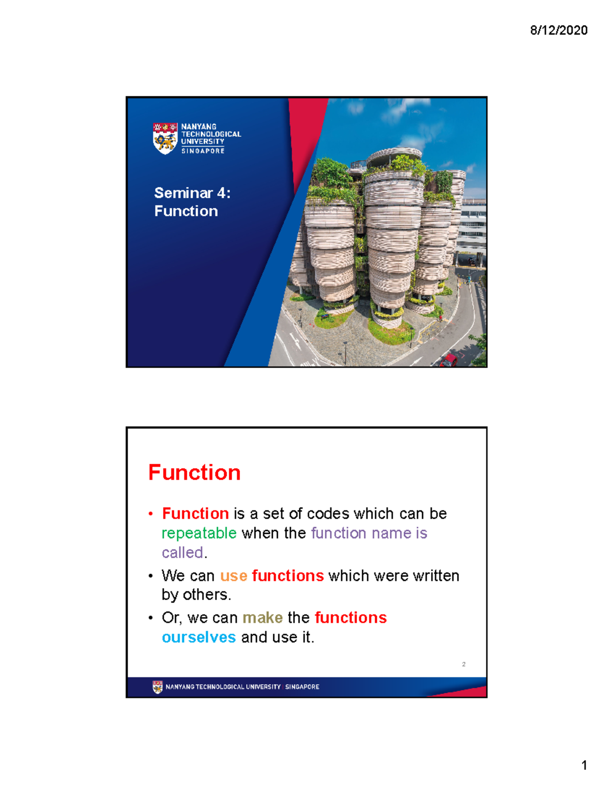 S04 Notes - ygguvuvupbu - Seminar 4: Function Function Function is a ...