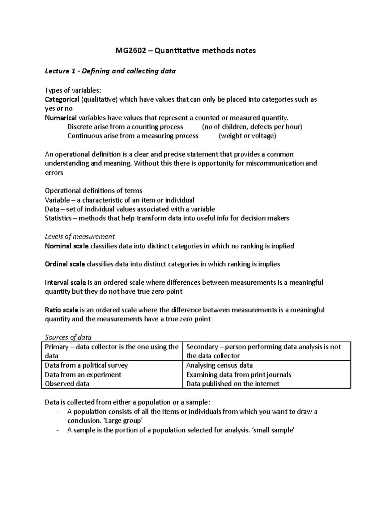 MG2602 - Lecture notes 1 - MG2602 – Quantitative methods notes Lecture ...