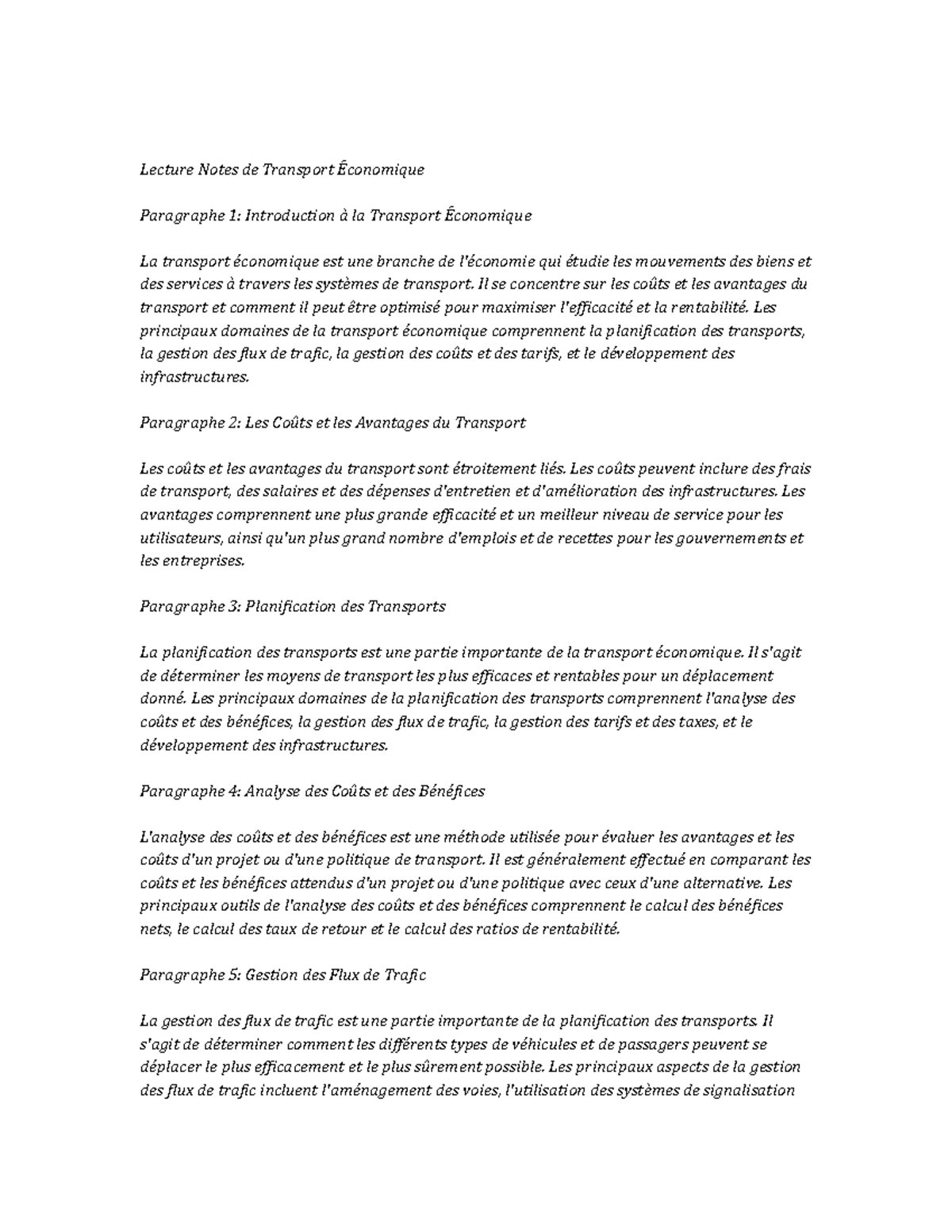 Transport Economics note study - Lecture Notes de Transport Économique ...