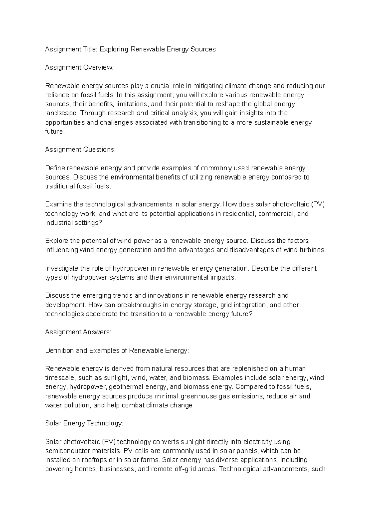 Assignment Title Exploring Renewable Energy Sources - Assignment Title ...