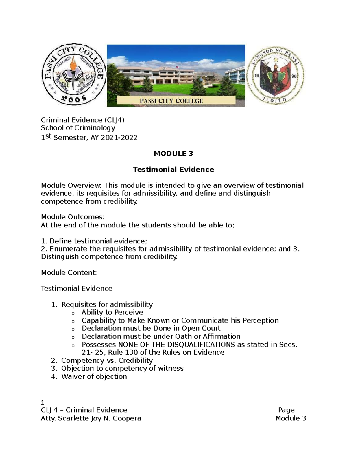 CLJ 4 Module 3 - Criminal Law - Criminal Evidence (CLJ4) School of Criminology 1 st Semester, AY ...