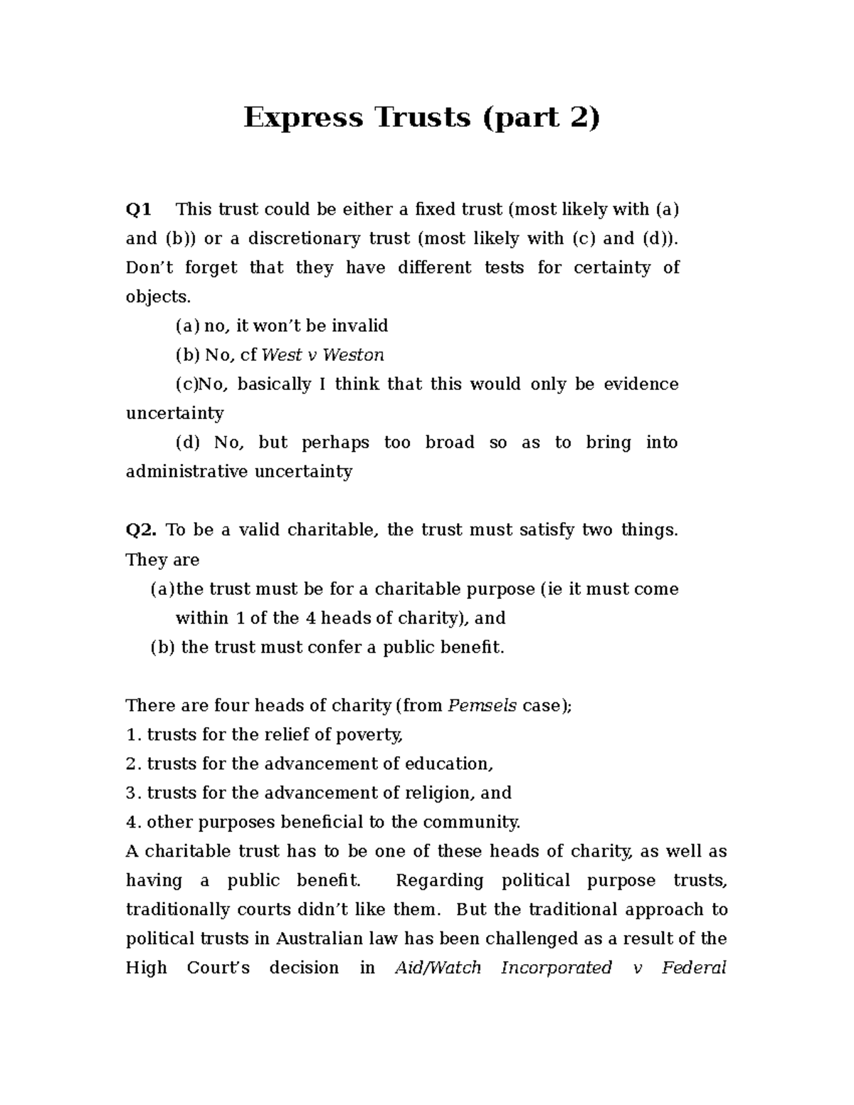 Express trusts anwers p2 - Express Trusts (part 2) Q1 This trust could ...