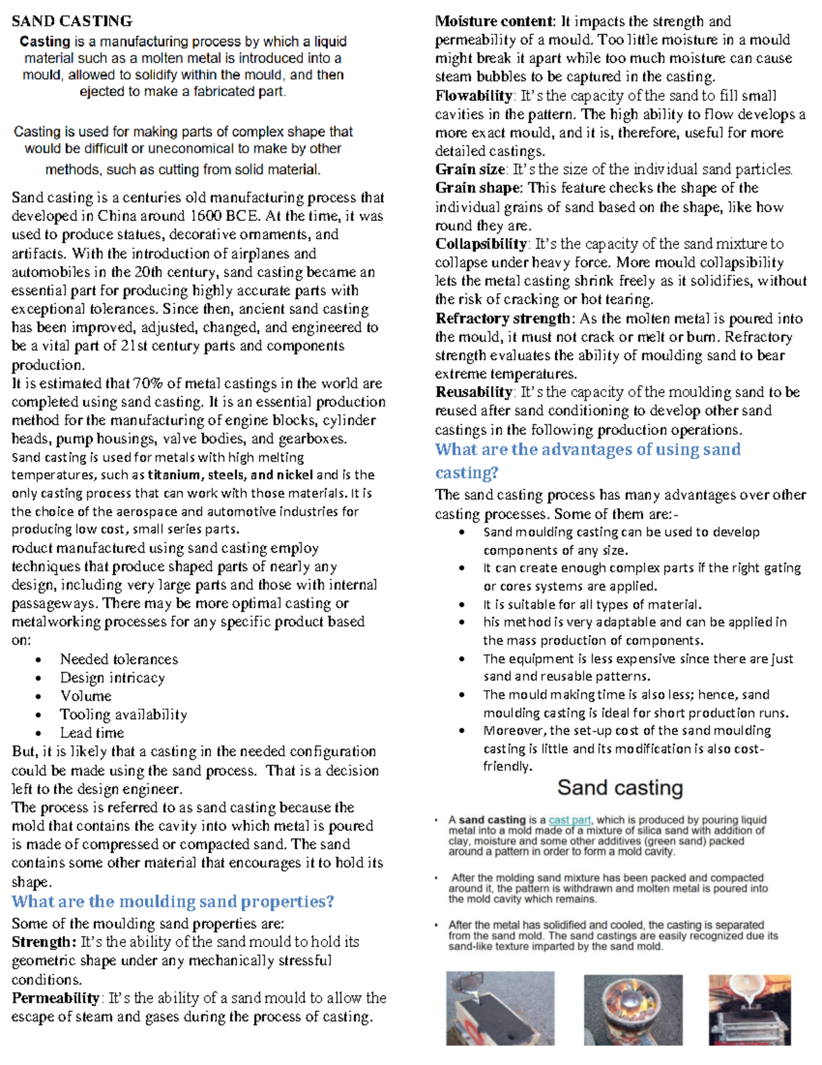 SAND Casting - SAND CASTING Sand casting is a centuries old manufacturing process that developed ...