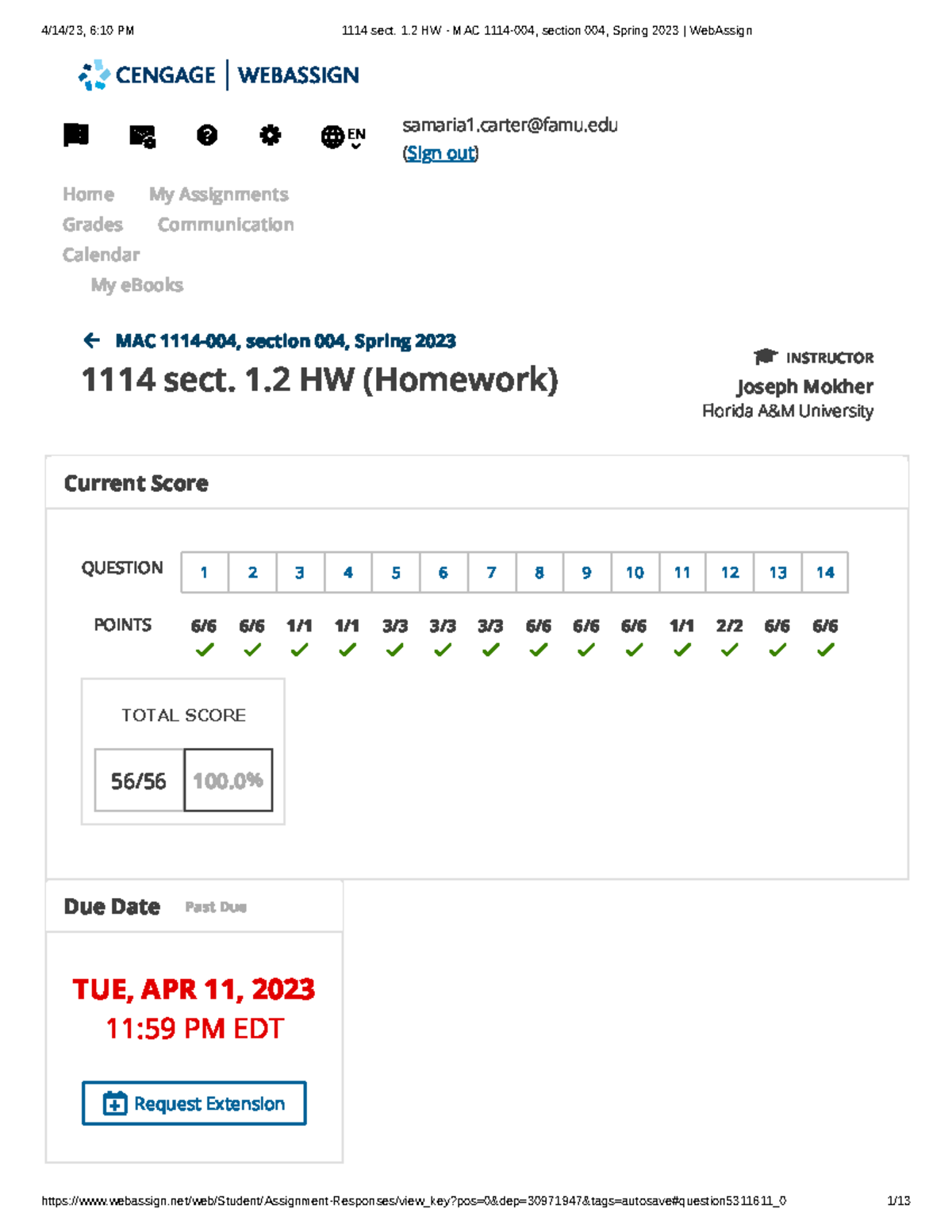 1.2 HW - Webassign Assignment - EN samaria1@famu (Sign out) MAC 1114-004, section 004, Spring ...