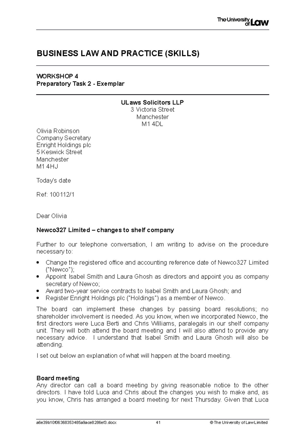 Prep Task Example - Workshop 4 - BUSINESS LAW AND PRACTICE (SKILLS ...