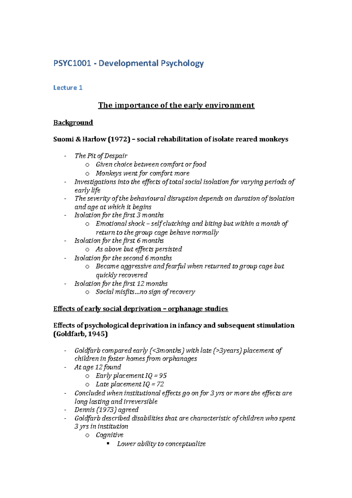 Lecture notes, lectures All -Developmental Psychology - PSYC1001 ...
