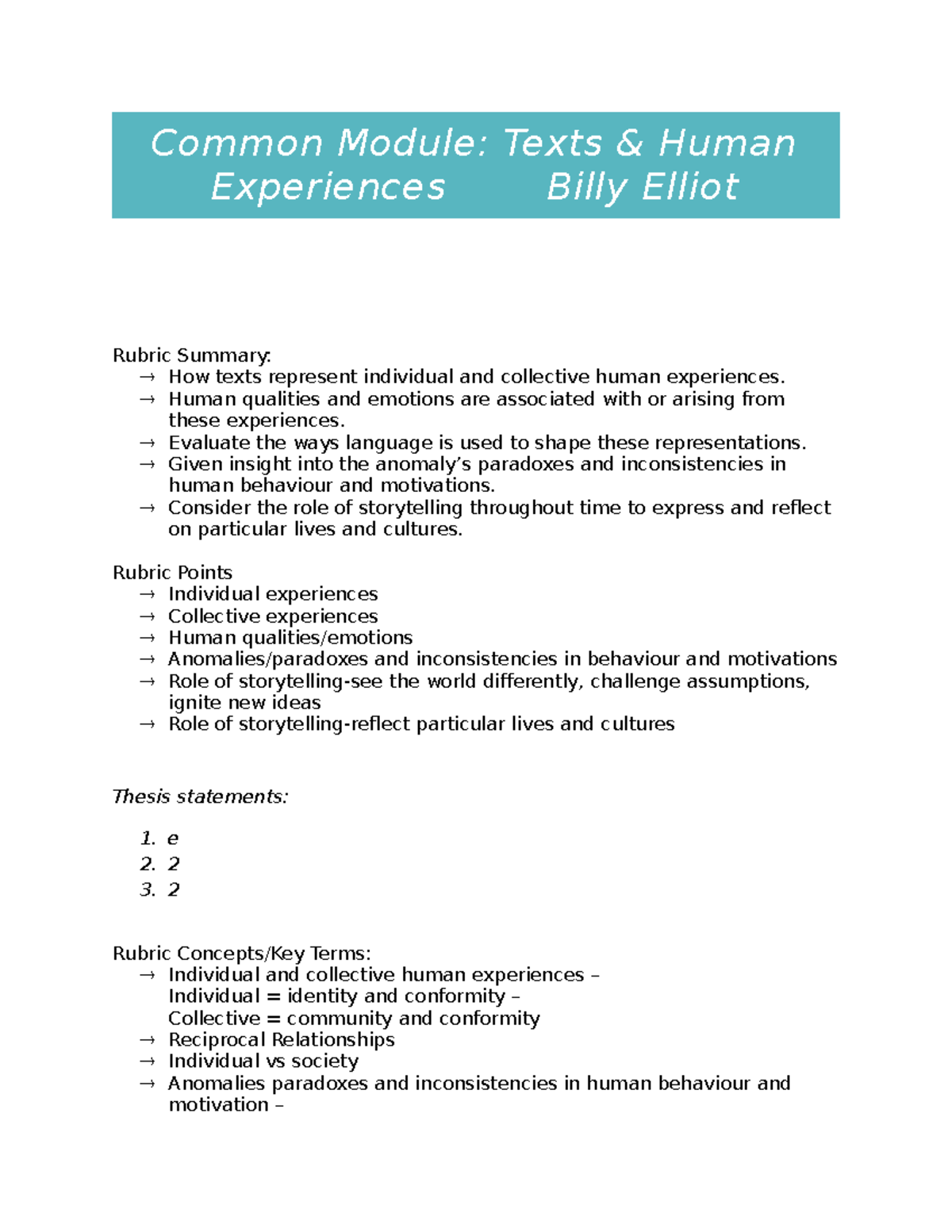 Common Module-Billy Elliot - Common Module: Texts & Human Experiences ...