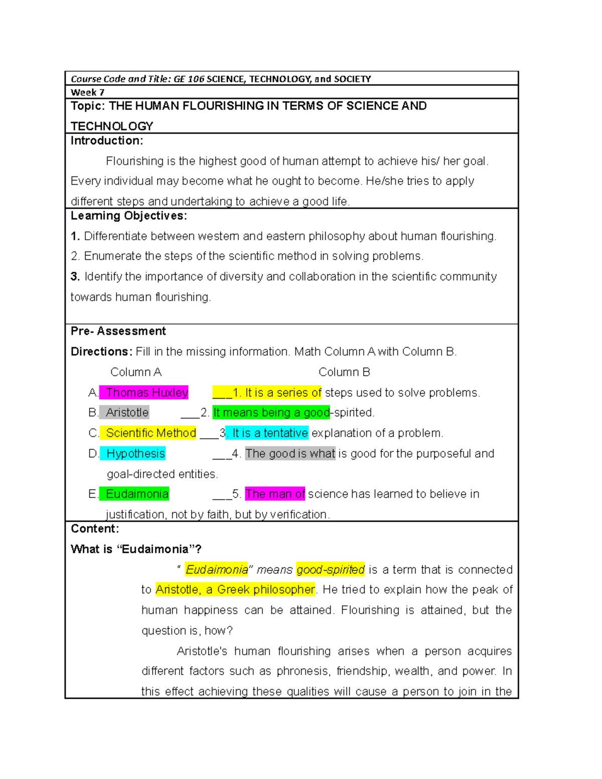M7 STS WEEK 7 1 - STS WEEK 7 - Course Code and Title: GE 106 SCIENCE ...