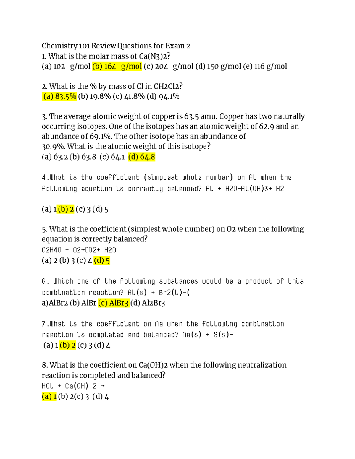 Chem Exam 2 - Review Sheet - fall 2020 - Chemistry 101 Review Questions ...