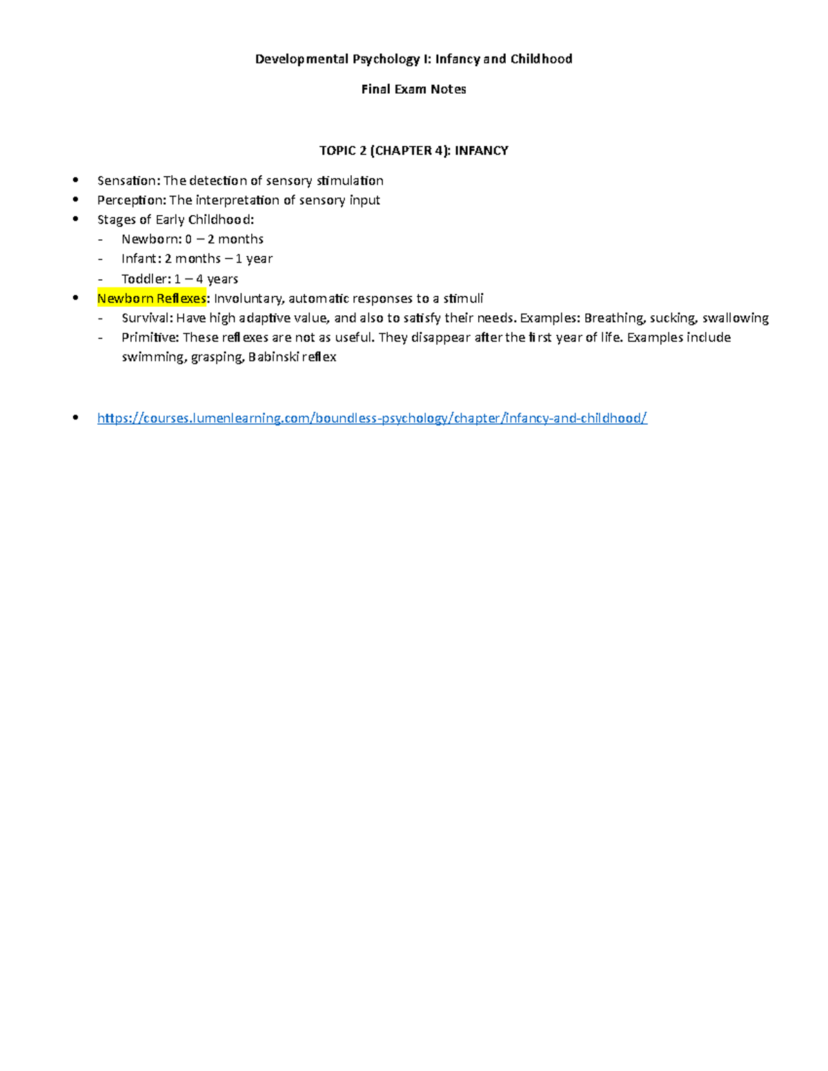 Final Exam Notes Develop Psych I - Developmental Psychology I: Infancy ...