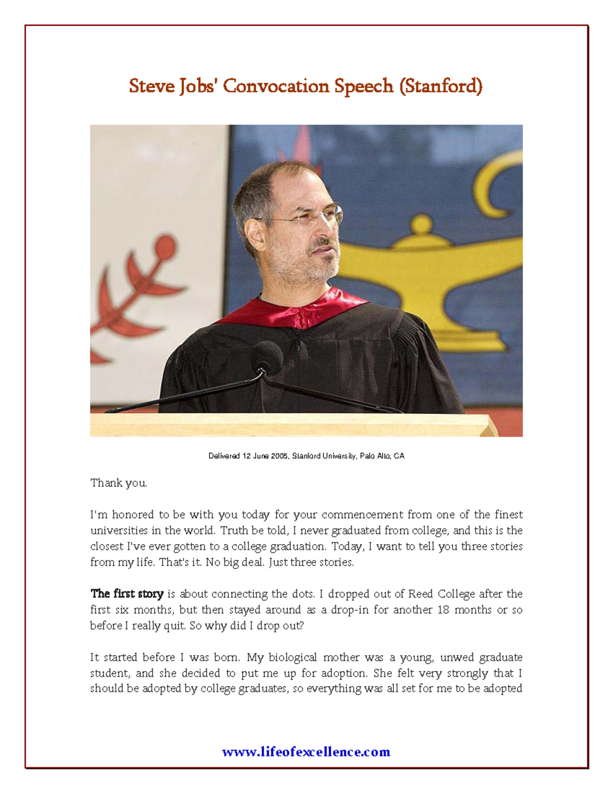 Steve Jobs Standford Convocation Speech - Steve Jobs' Convocation ...