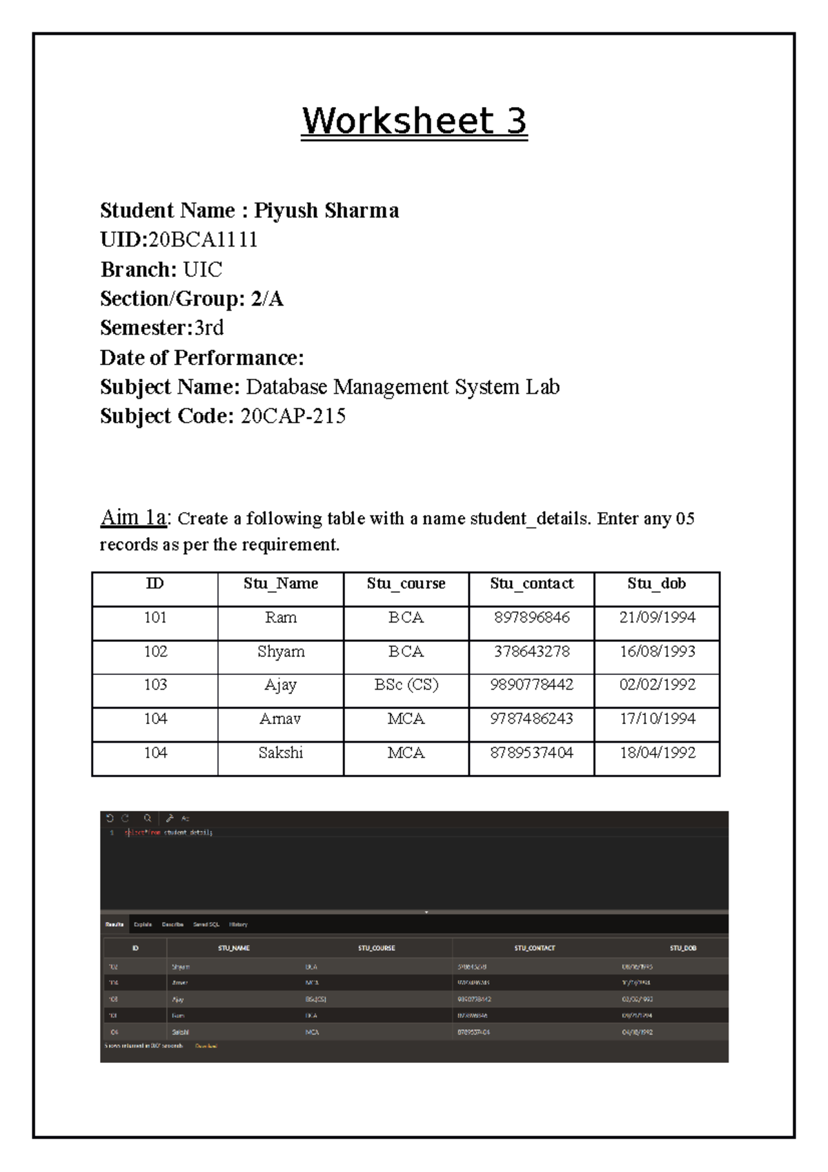 Worksheet 3 DBMS LAB - Nice - Bachelors of Computer Applications - Studocu