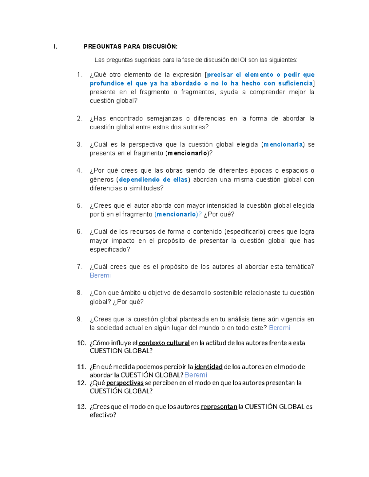 Preguntas PARA Discusión ORAL Individual - I. PREGUNTAS PARA DISCUSIÓN ...