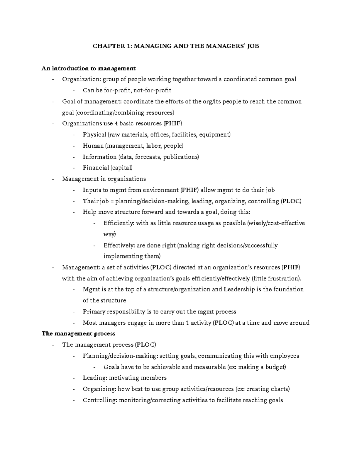 MGMT 304 Exam 1 review - CHAPTER 1: MANAGING AND THE MANAGERS’ JOB An introduction to management ...