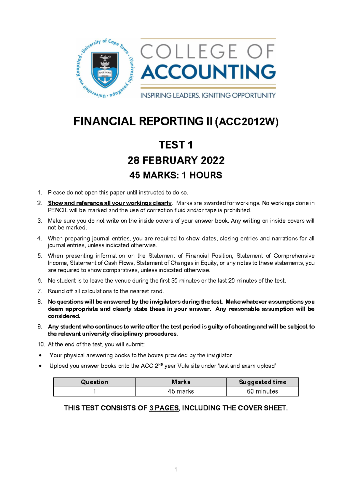 ACC2012W Test 1 2022 Question Paper - 1 FINANCIAL REPORTING II ...