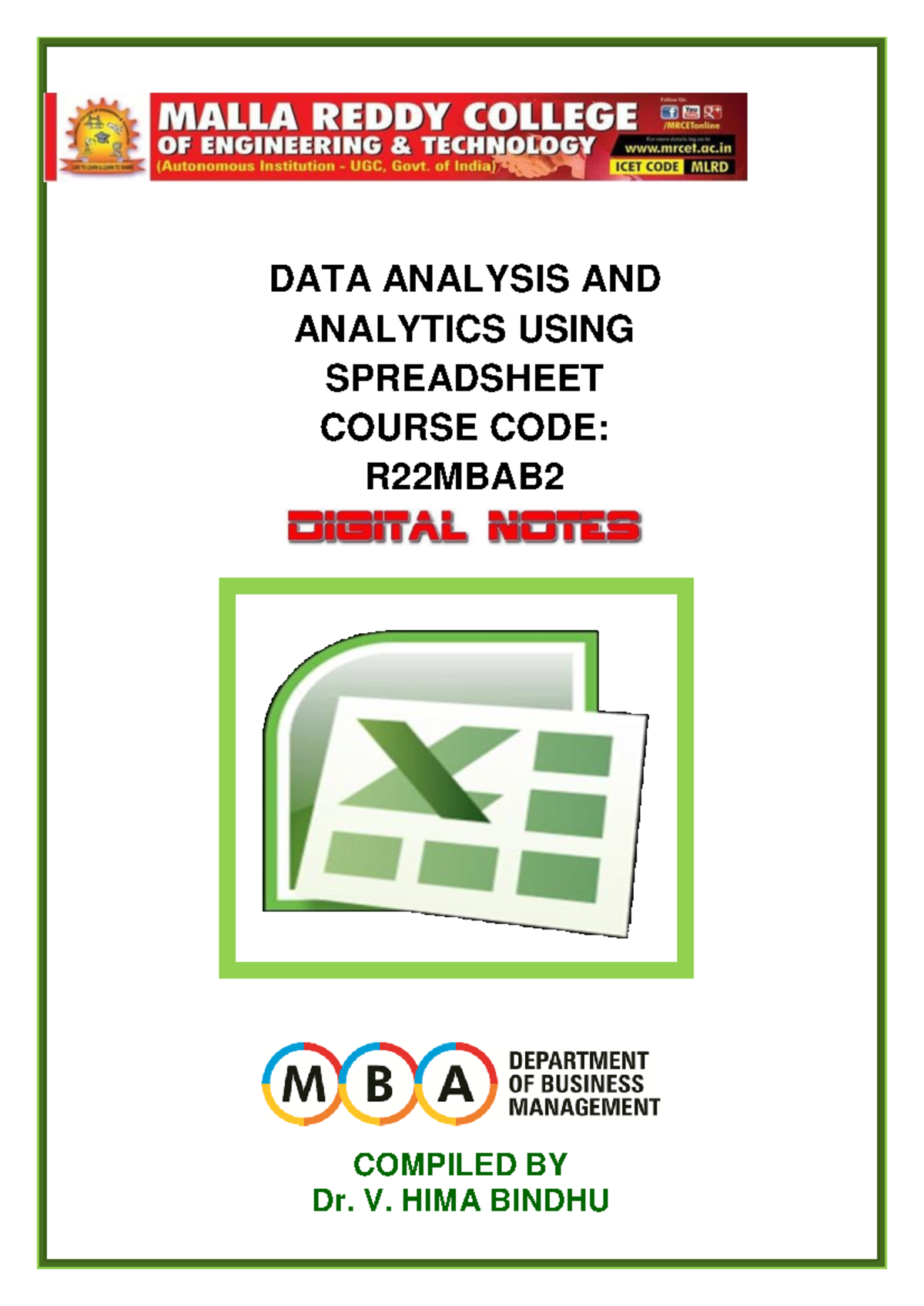 DAAS notes - DATA ANALYSIS AND ANALYTICS USING SPREADSHEET COURSE CODE ...