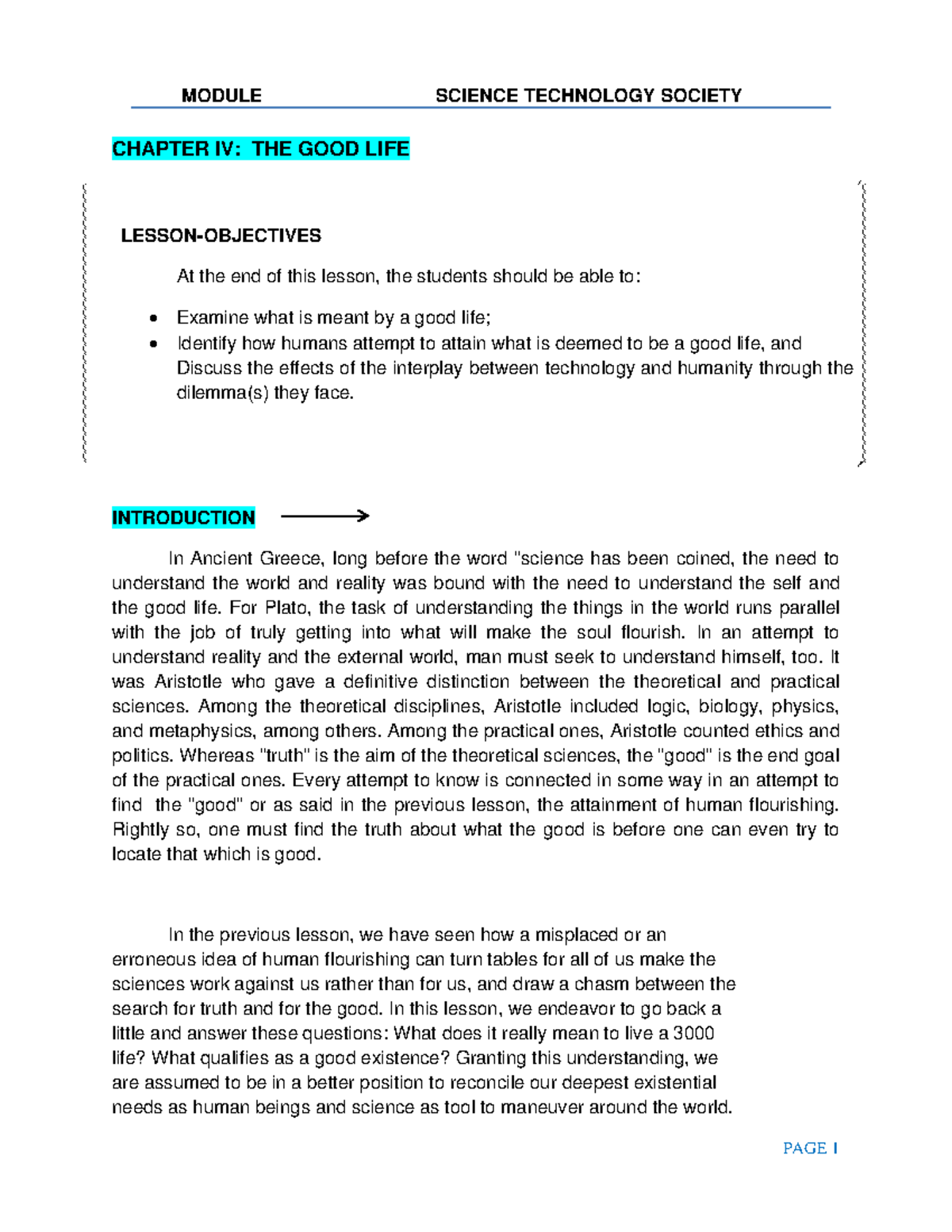 Chapter IV The Good Life - CHAPTER IV: THE GOOD LIFE LESSON-OBJECTIVES ...