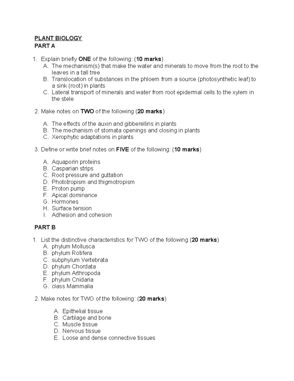 Final Exam April 2018, questions and answers - PLANT BIOLOGY PART A ...