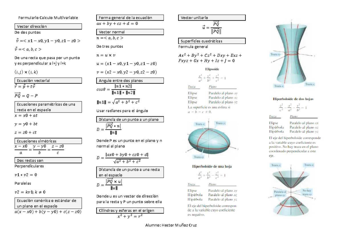 Formulario Calculo multivariable - Alumno: Hector Muñoz Cruz Formulario Calculo Multivariable ...