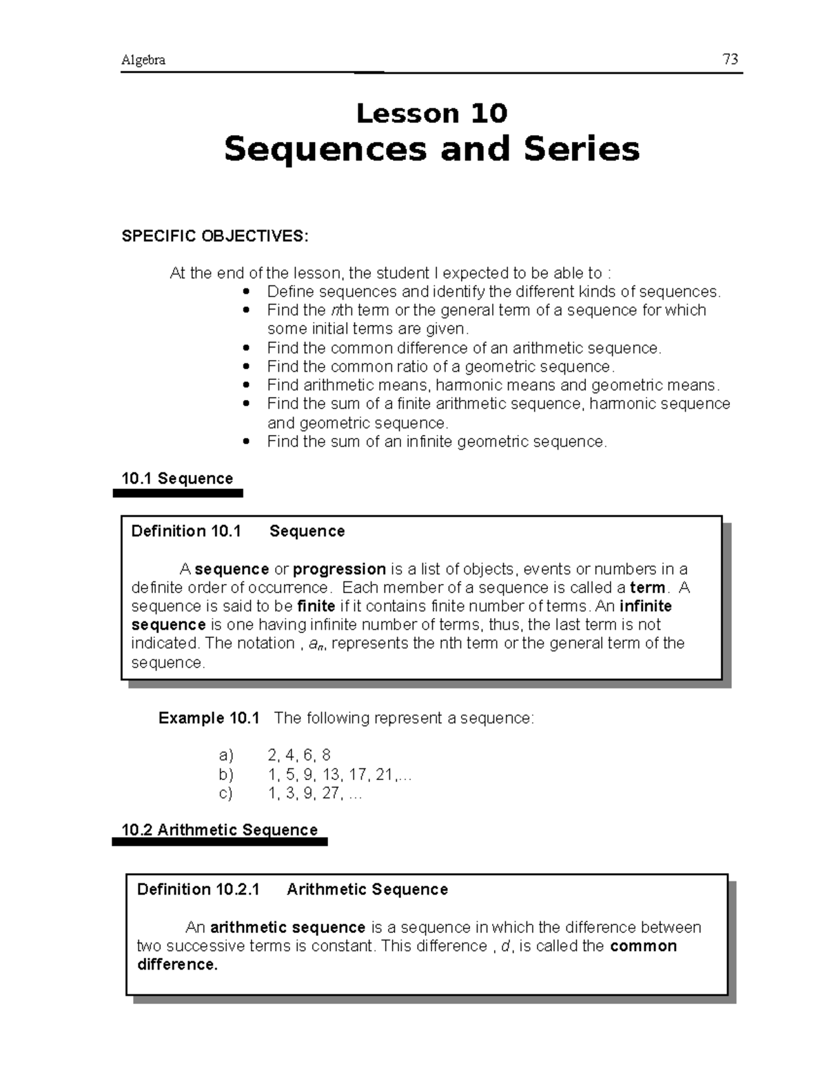 Guide-Teacher Lesson 10 Sequences AND Series - Lesson 10 Sequences and ...