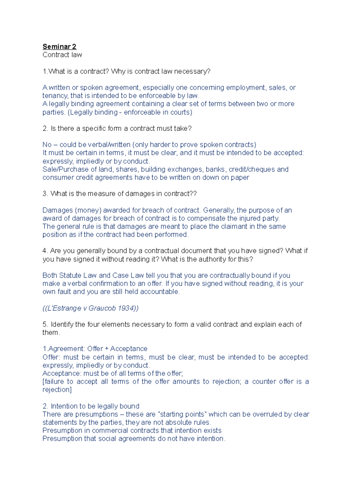 MN10078 Sem2 Worksheet Seminar 2 Contract Law 1 Is A Contract Why Is
