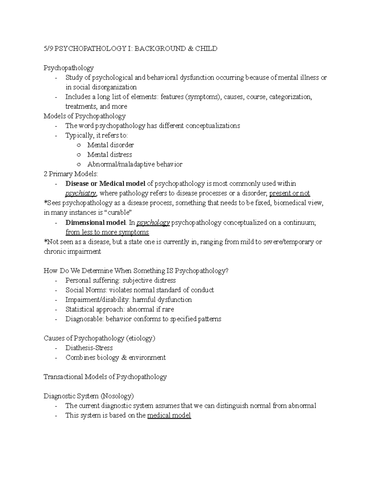 5 9 Psychopathology I - week 7-8 - 5/9 PSYCHOPATHOLOGY I: BACKGROUND ...