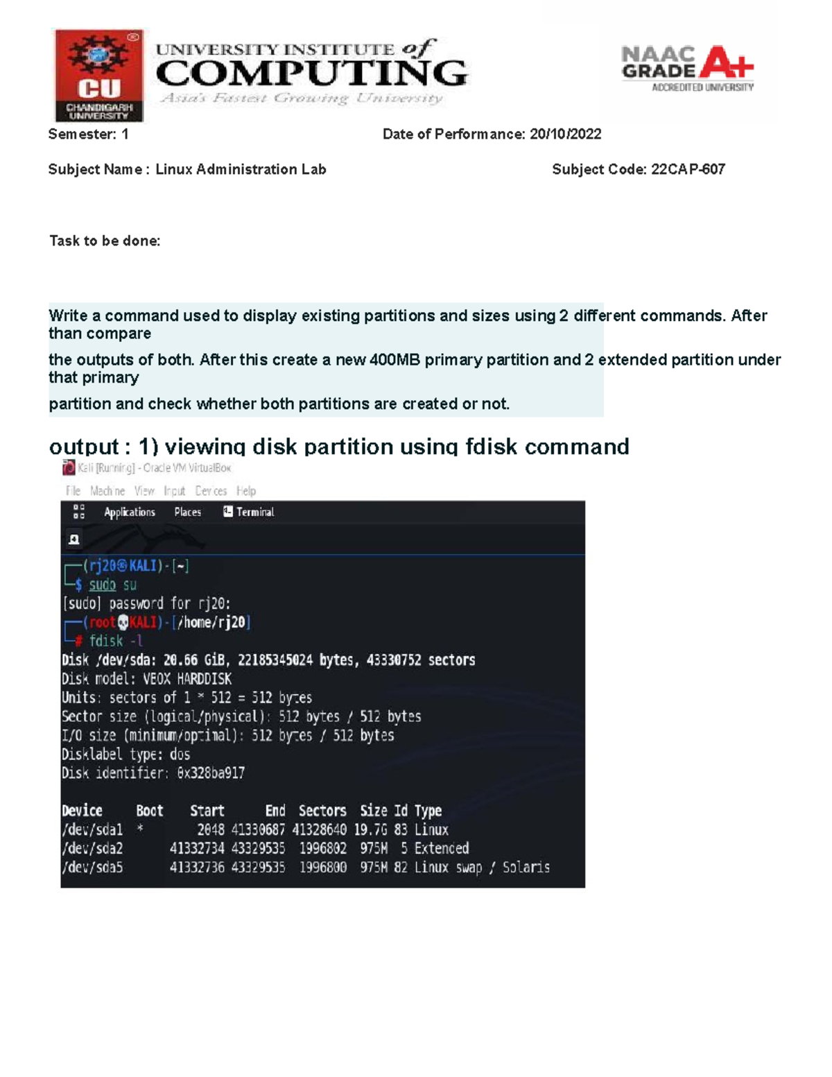 Sample worksheet - linux admin lab manual - Semester: 1 Date of ...