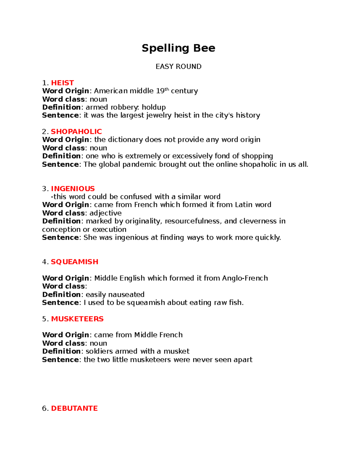 Spelling-BEE- Words - Spelling Bee EASY ROUND 1. HEIST Word Origin ...