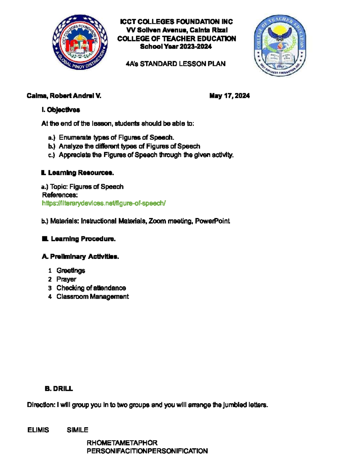 Practice Lesson plan - Batchelor of Secondary Education Major in ...