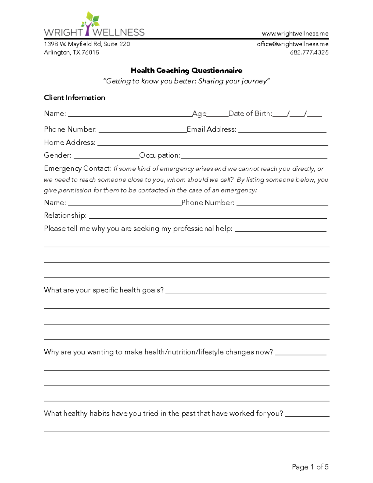Health+Coaching+Questionnaire - 1398 W. Mayfield Rd, Suite 220 office ...