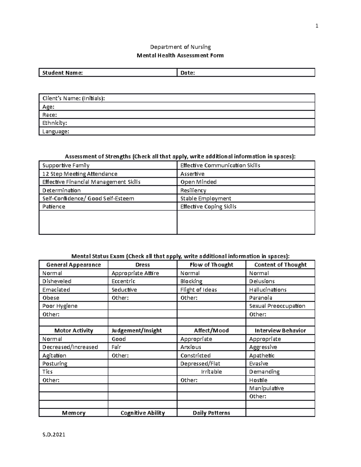 Psych Assessment Document 2021 - Department of Nursing Mental Health ...