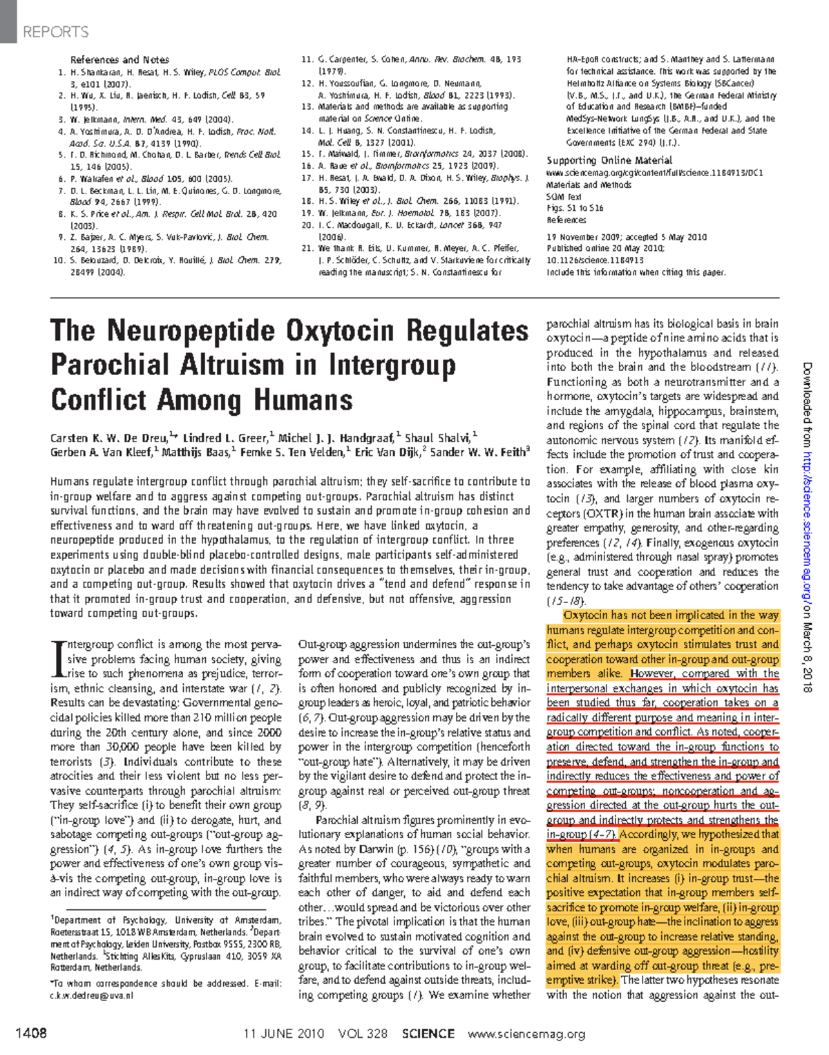 De Dreu 10S-The neuropeptide oxytocin regulates parochial altruism in ...