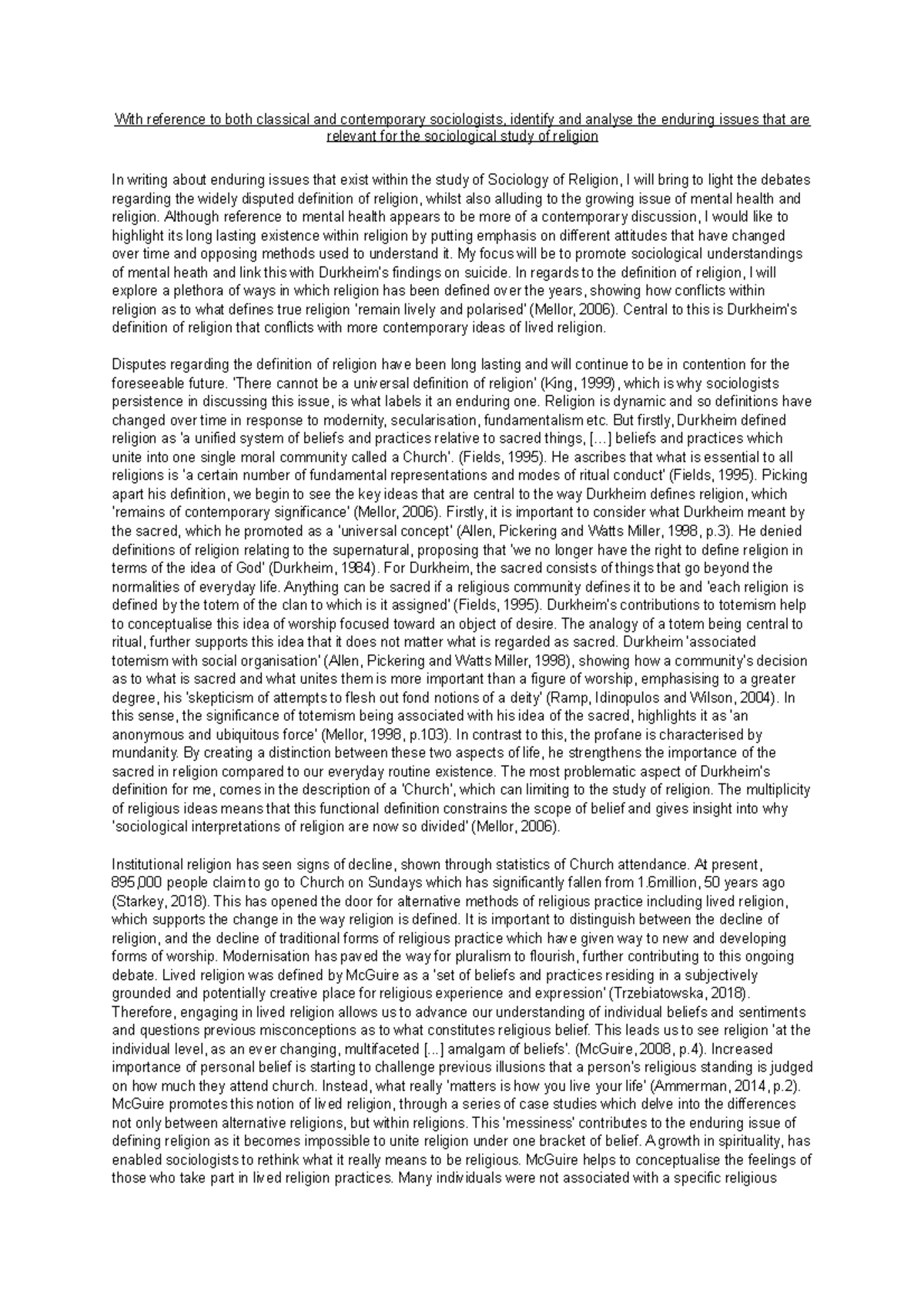 Sociology of Religion Final - With reference to both classical and ...