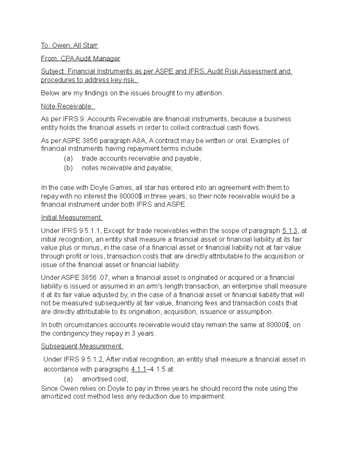 Integrated Problem 2 - Core 1 - To: Owen, All Starr From: CPA Audit ...