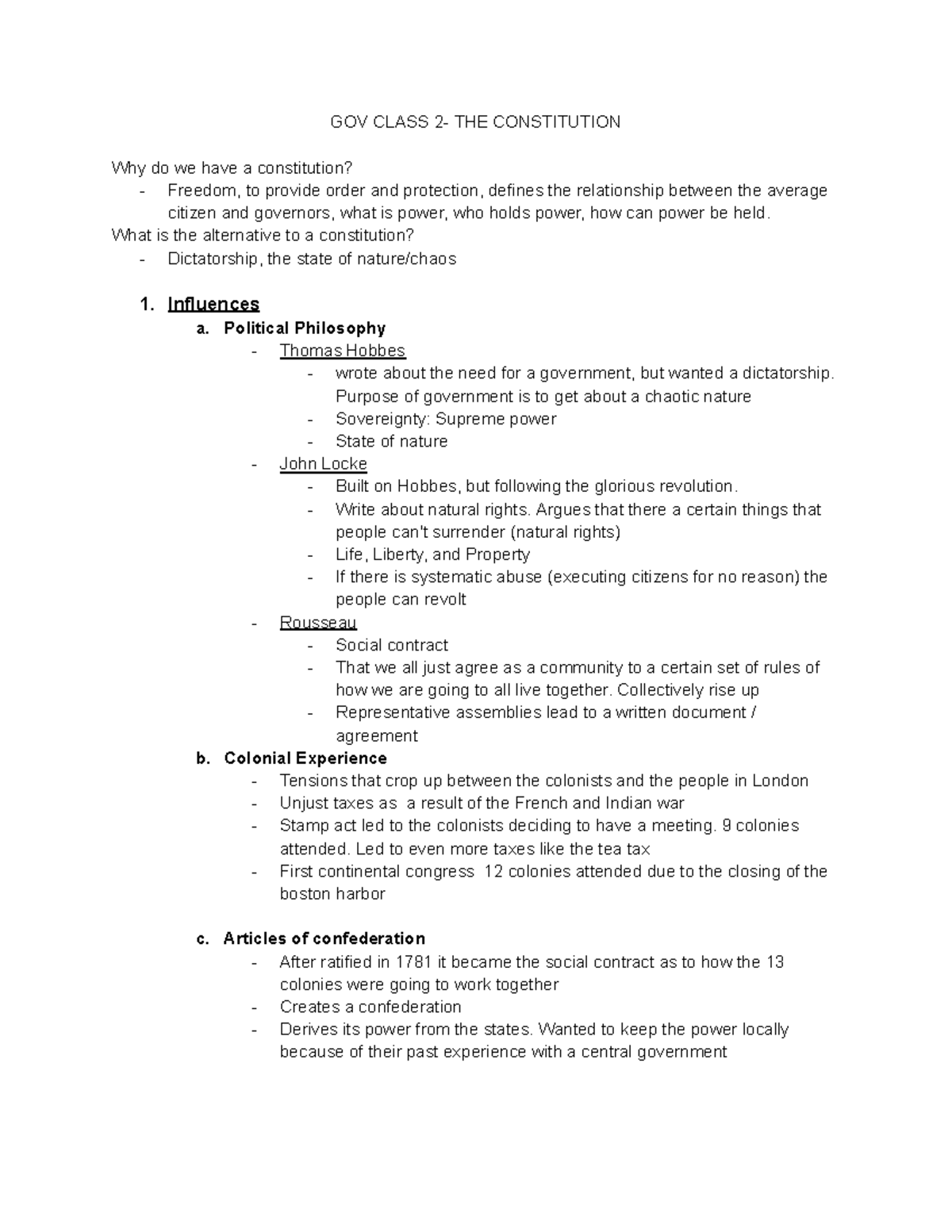 GOV THE Constitution notes - GOV CLASS 2- THE CONSTITUTION Why do we ...
