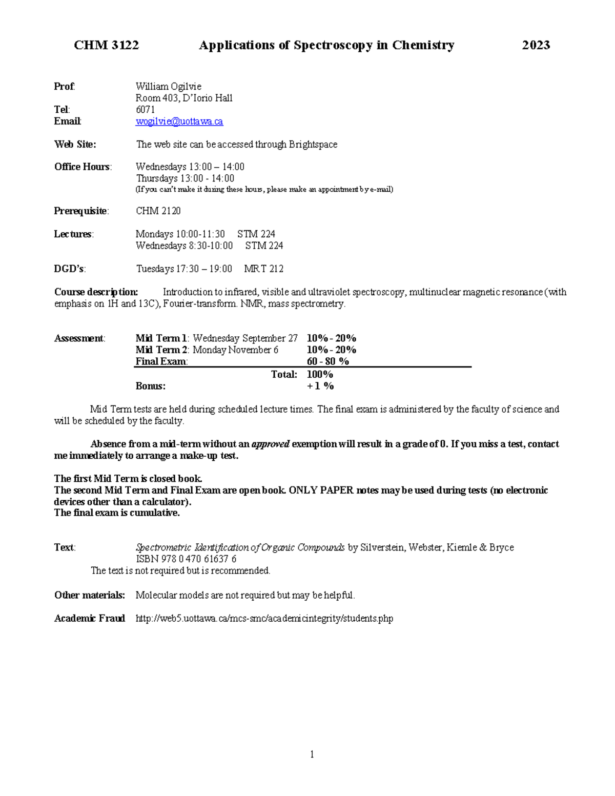 Chm 3122 course outline 2023 - 1 CHM 3122 Applications of Spectroscopy ...