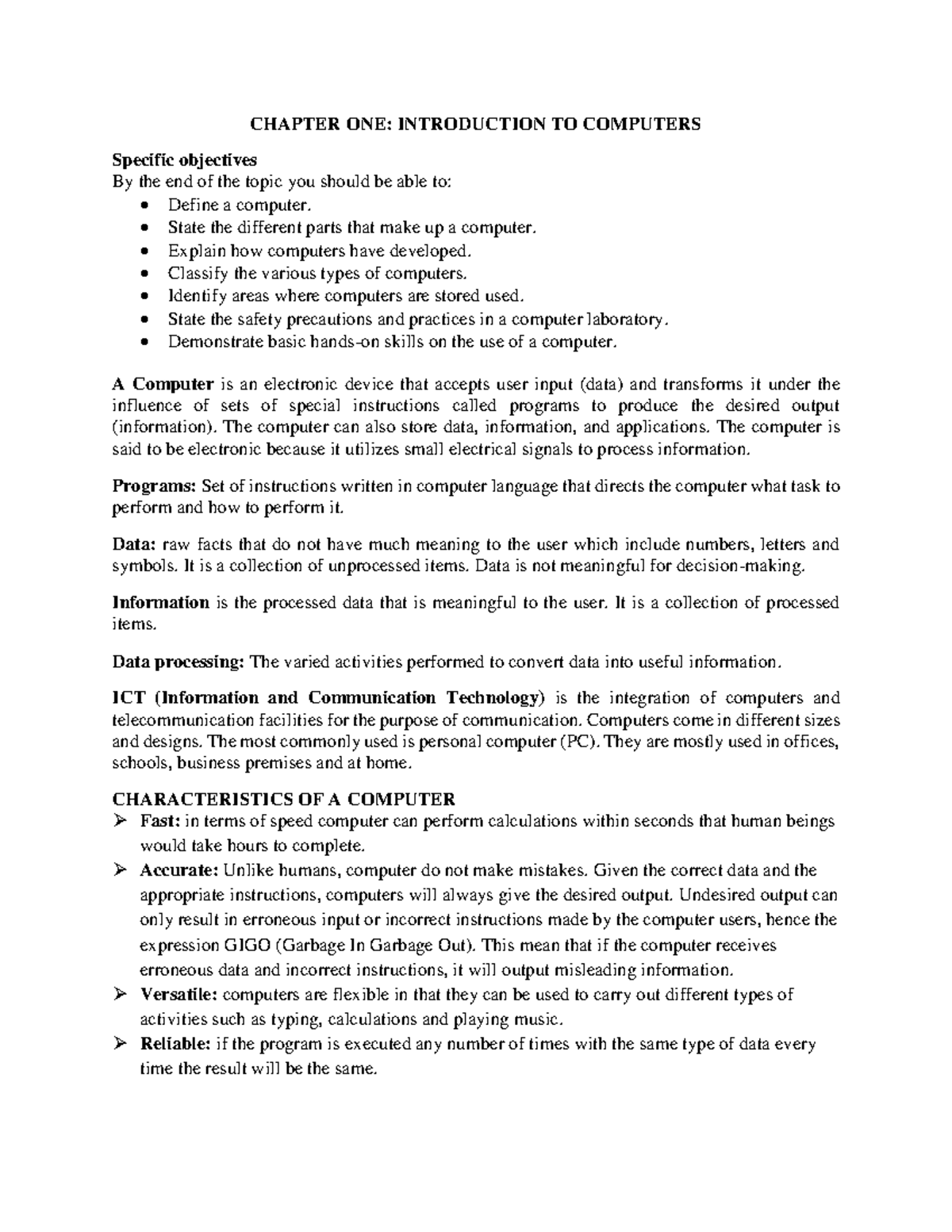 Chapter 1 - Introduction to Computers - CHAPTER ONE: INTRODUCTION TO COMPUTERS Specific ...