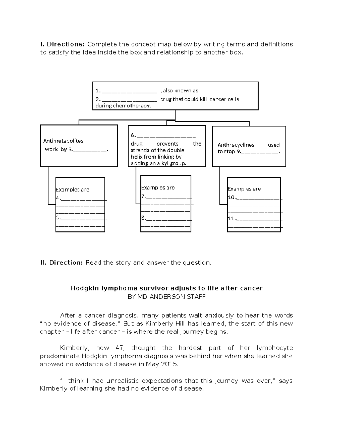 Medication for Cancer - I. Directions: Complete the concept map below ...