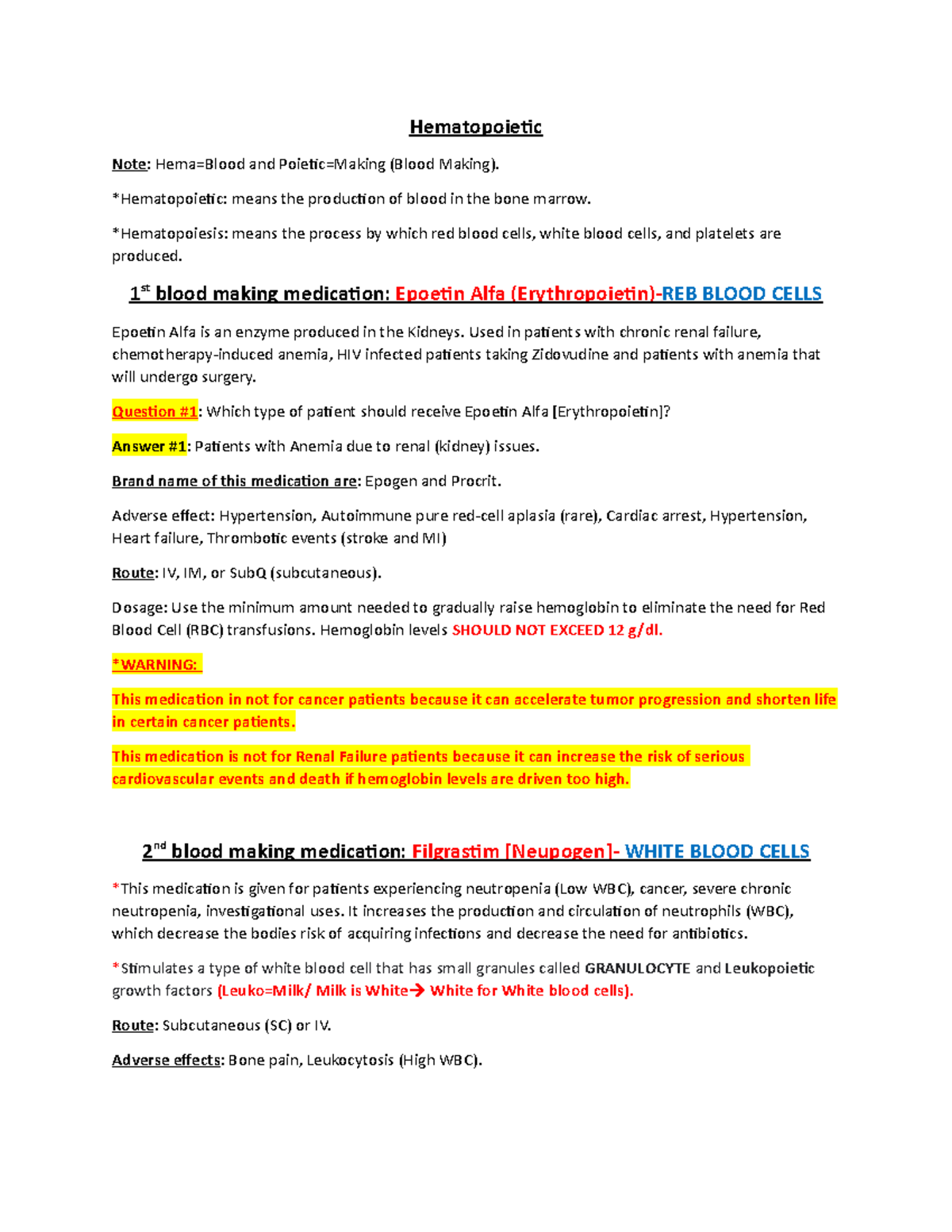 Hematopoietic 2 - Pharmacology notes - Hematopoietic Note: Hema=Blood ...