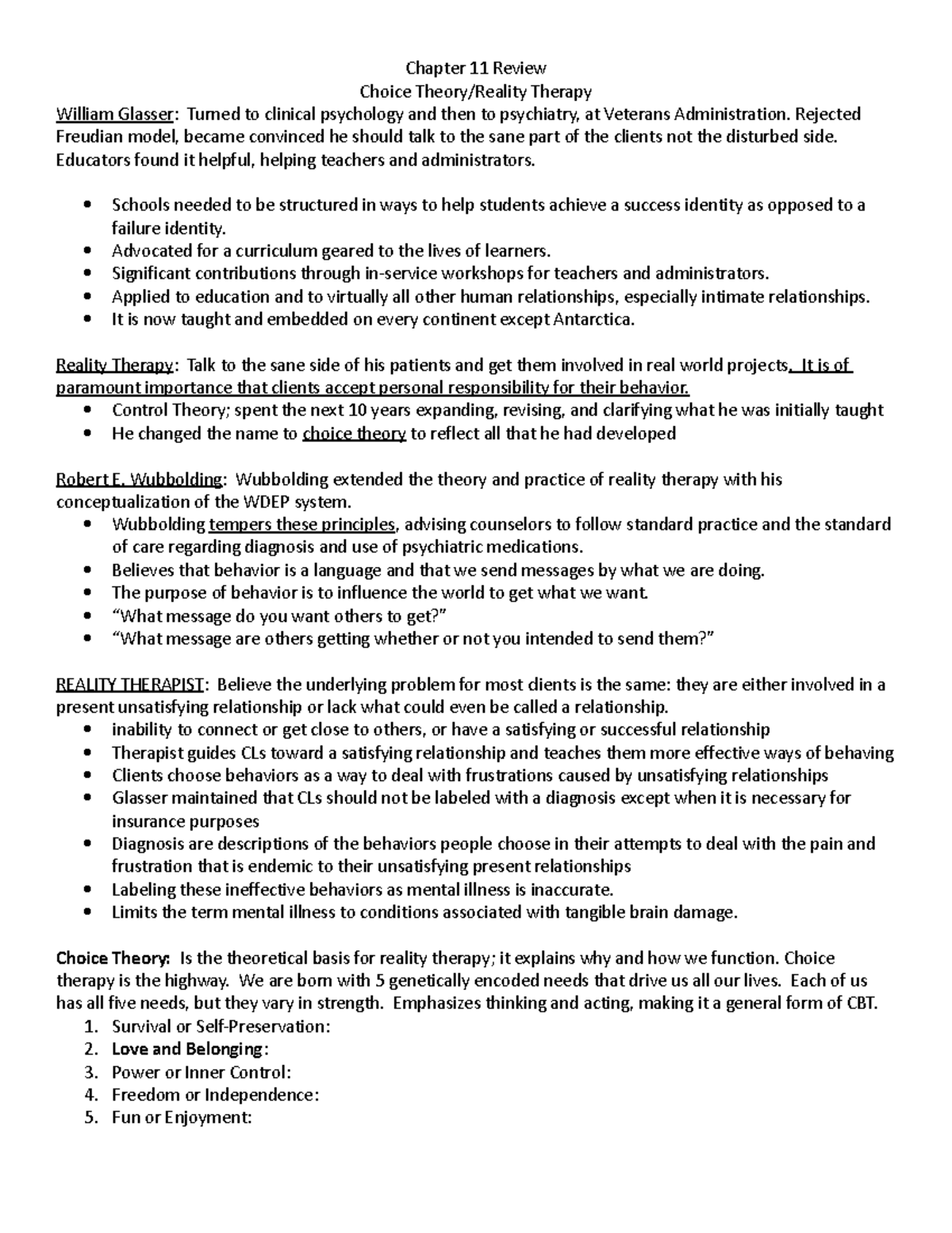 Chapter 11 Review - Chapter 11 Review Choice Theory/Reality Therapy ...