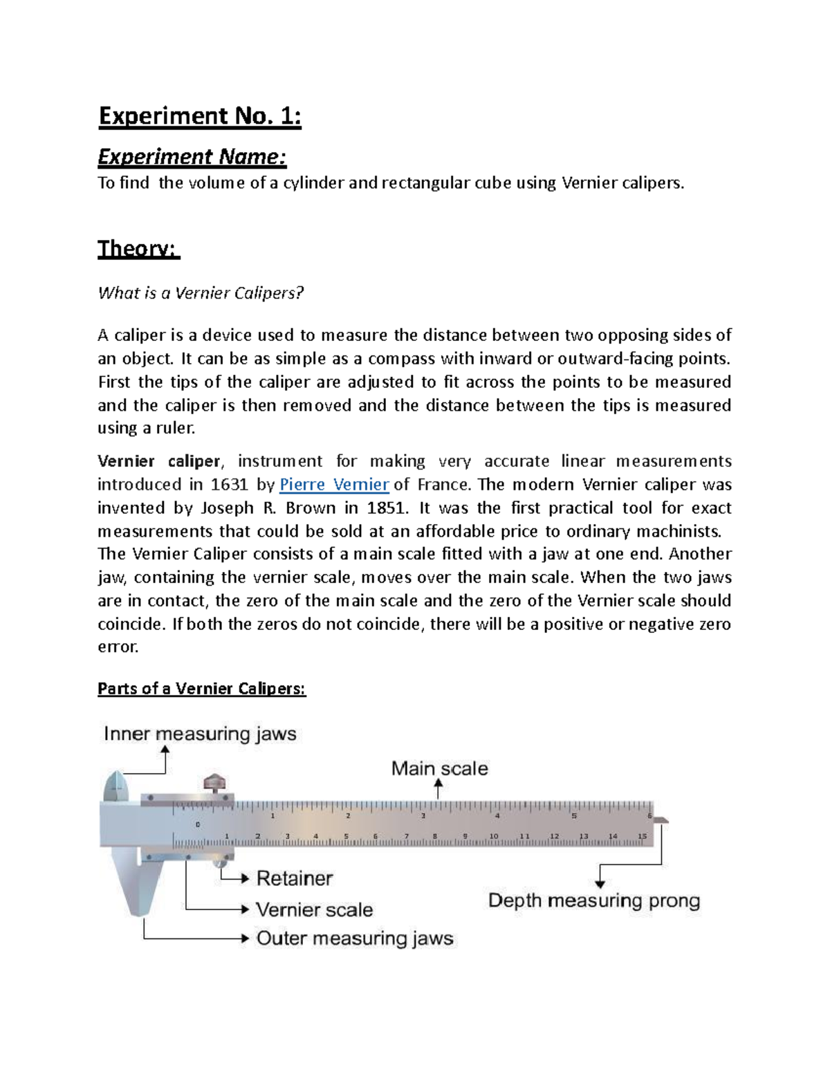 Slide Calipers Theory - Experiment No. 1: Experiment Name: To find the ...