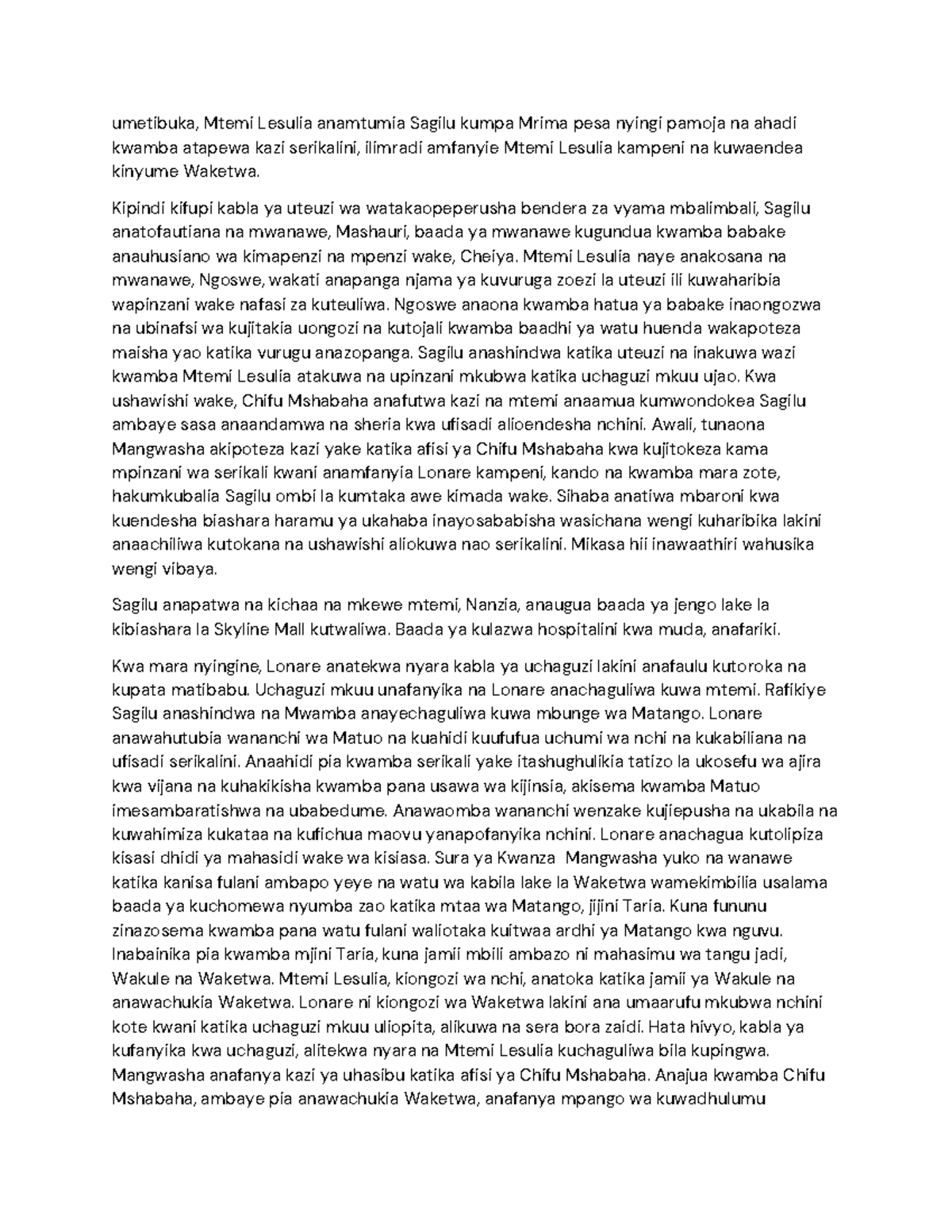 Notes - summary - umetibuka, Mtemi Lesulia anamtumia Sagilu kumpa Mrima ...