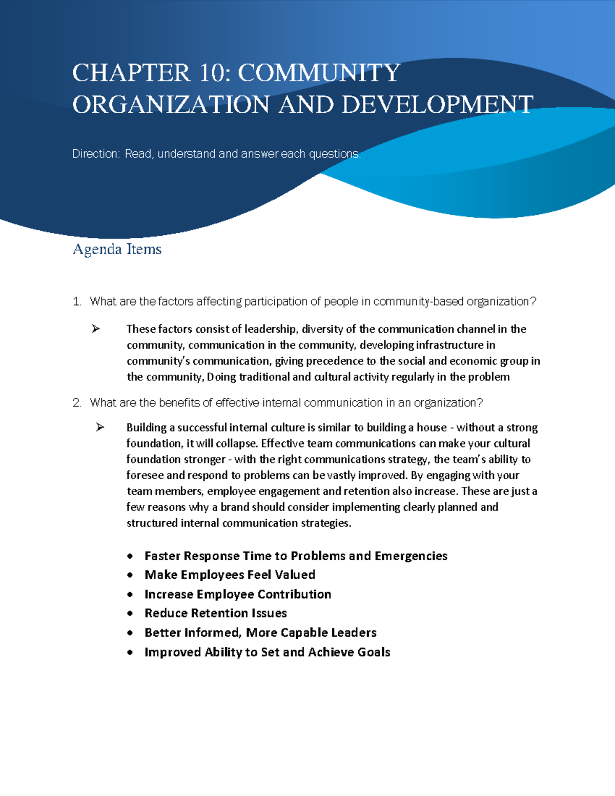 Chapter 10 Community Organization AND Development - 1. What are the ...