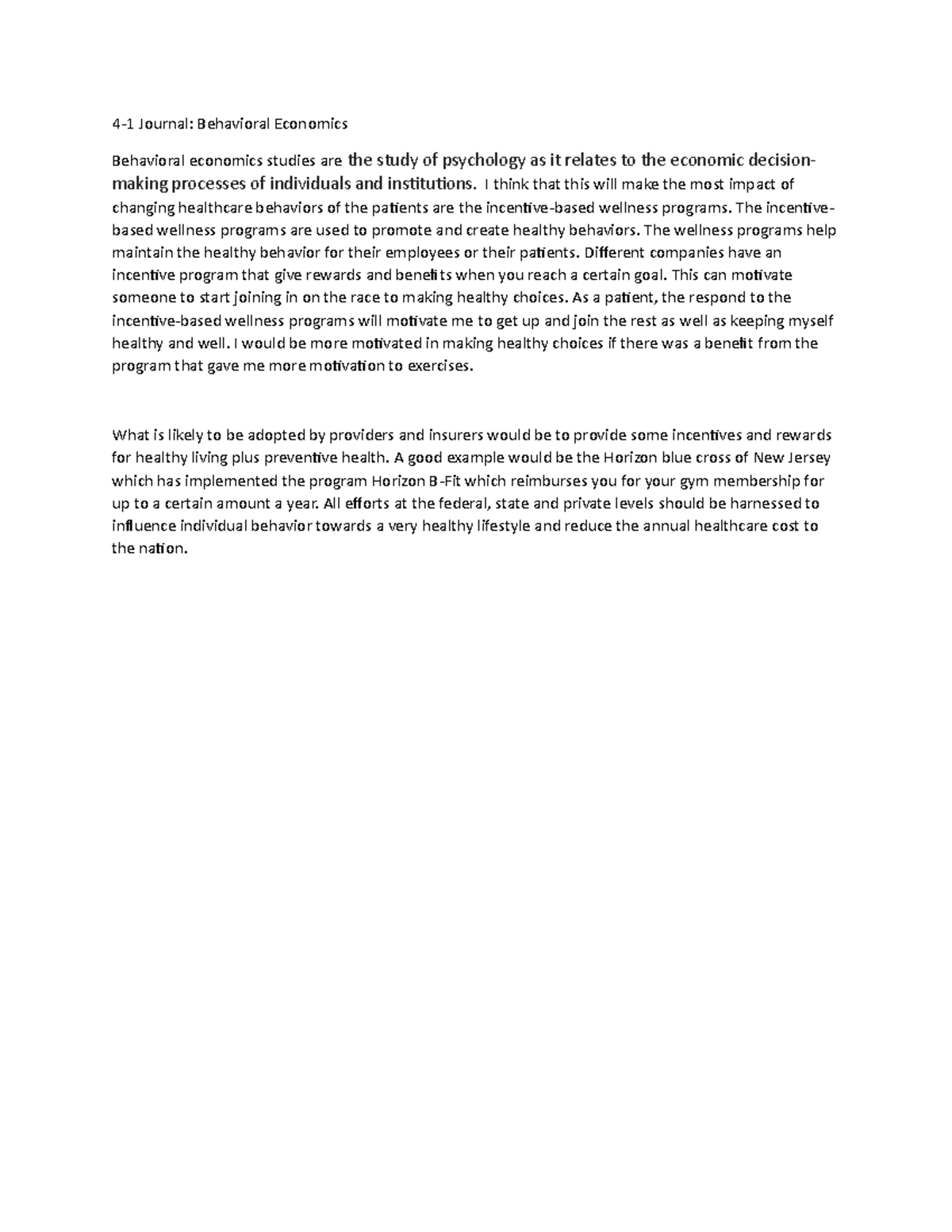 4-1 Journal HCM 320 - 4-1 Journal: Behavioral Economics Behavioral ...